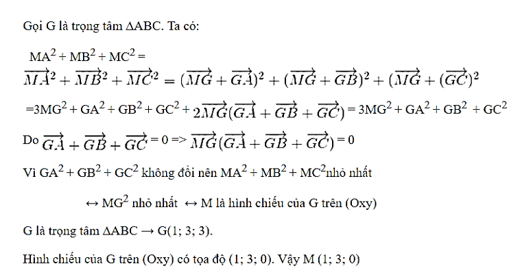 cho A(-2;3;4) , B(1;-2;1) , C(3;5;-2) Tìm tọa độ M thuộc mp(Oxy) sao cho MA^2+2MB^2-3MC^2 nhỏ nh